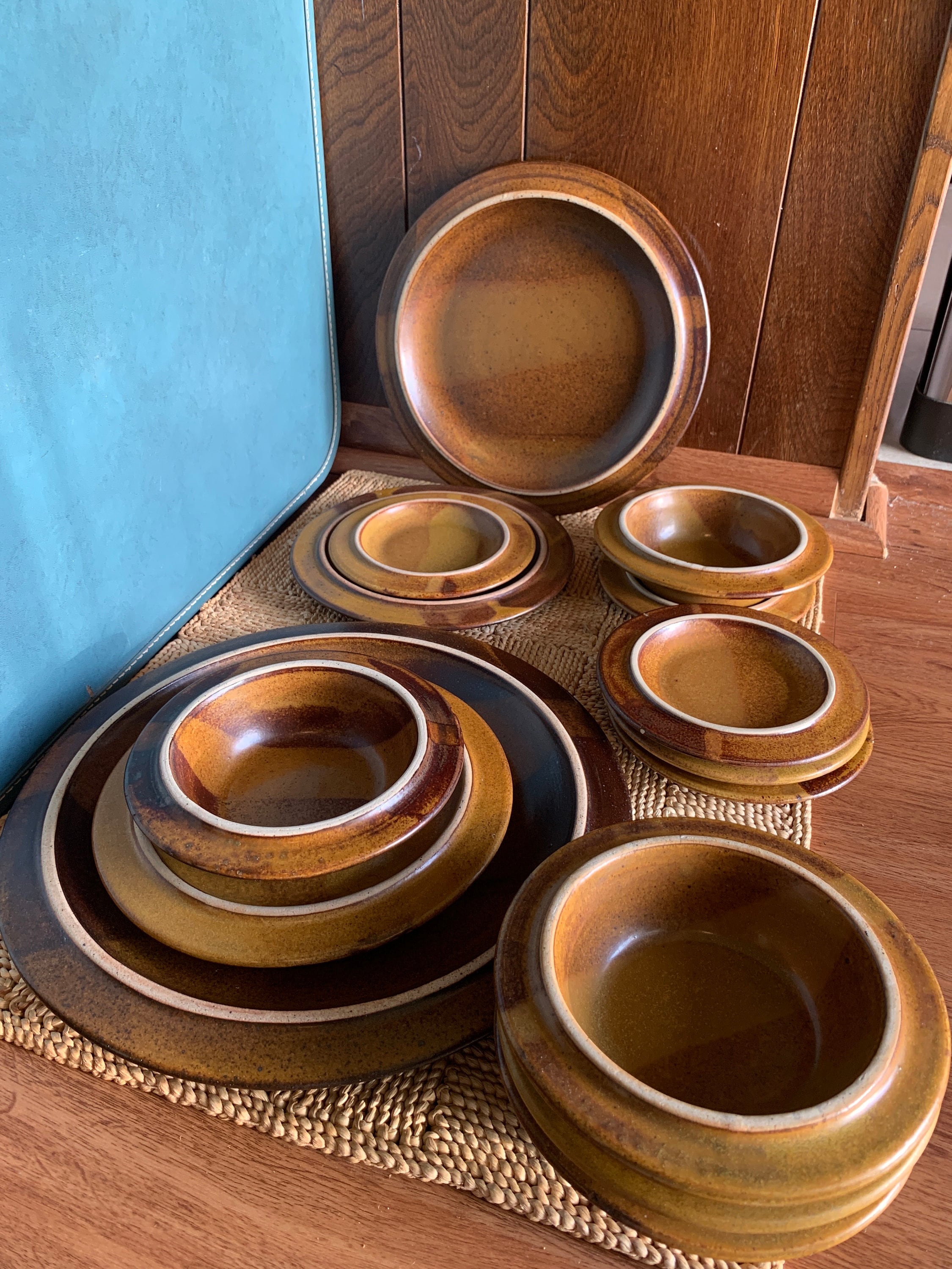 Antique Stoneware Dinnerware Set, Brown Rustic Glazed Pottery, Vintage ...