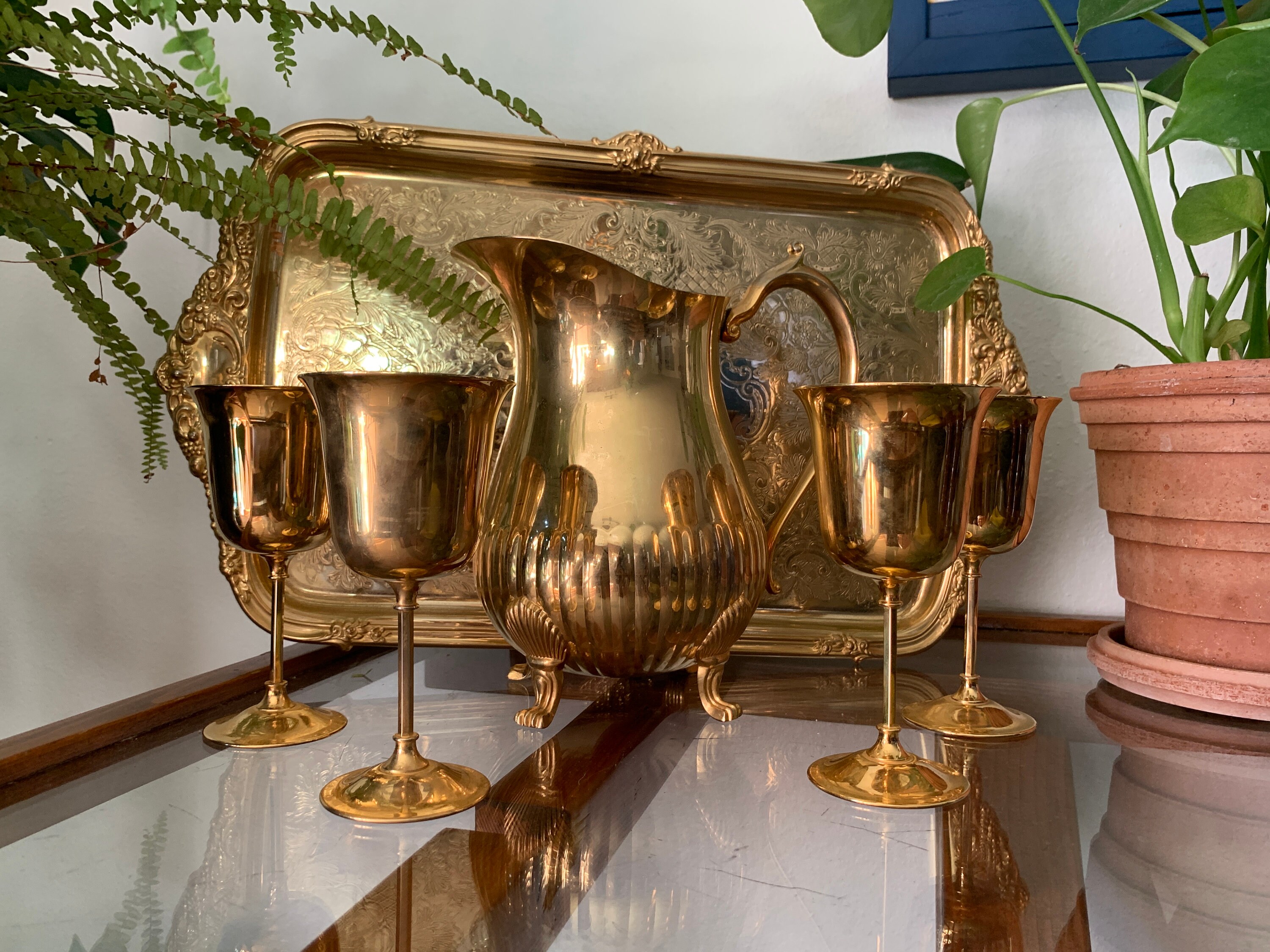 1940's WMF Ikora Germany 24-karat Gold-plated Pitcher Wine Goblets ...
