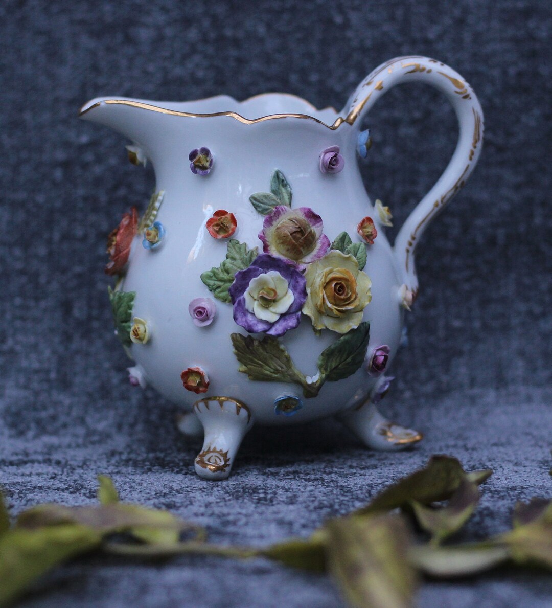 Meissen Antique Porcelain Miniature Footed Floral Creamer, Gold Gild ...