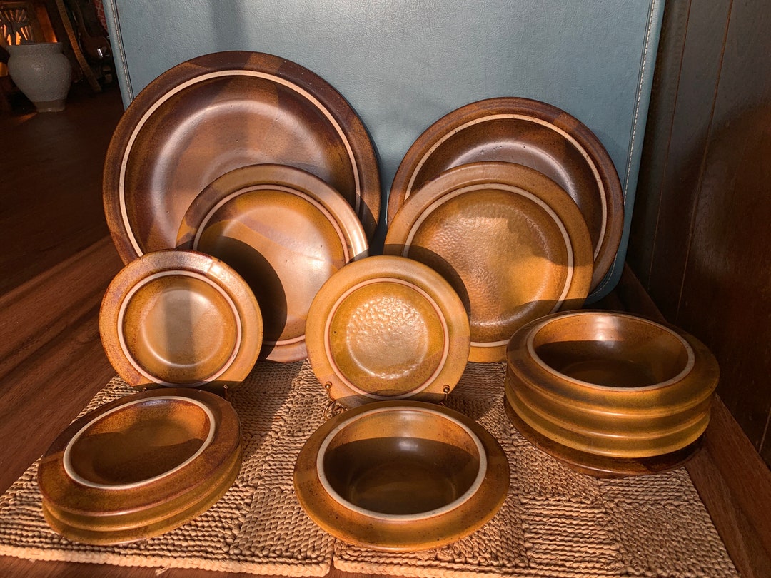 Antique Stoneware Dinnerware Set, Brown Rustic Glazed Pottery, Vintage ...