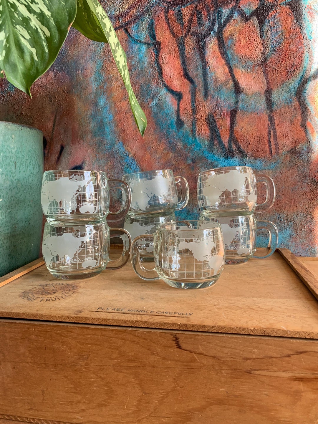 1970s Nestle Clear World Globe Etched Coffee Mugs Set of 7 ...
