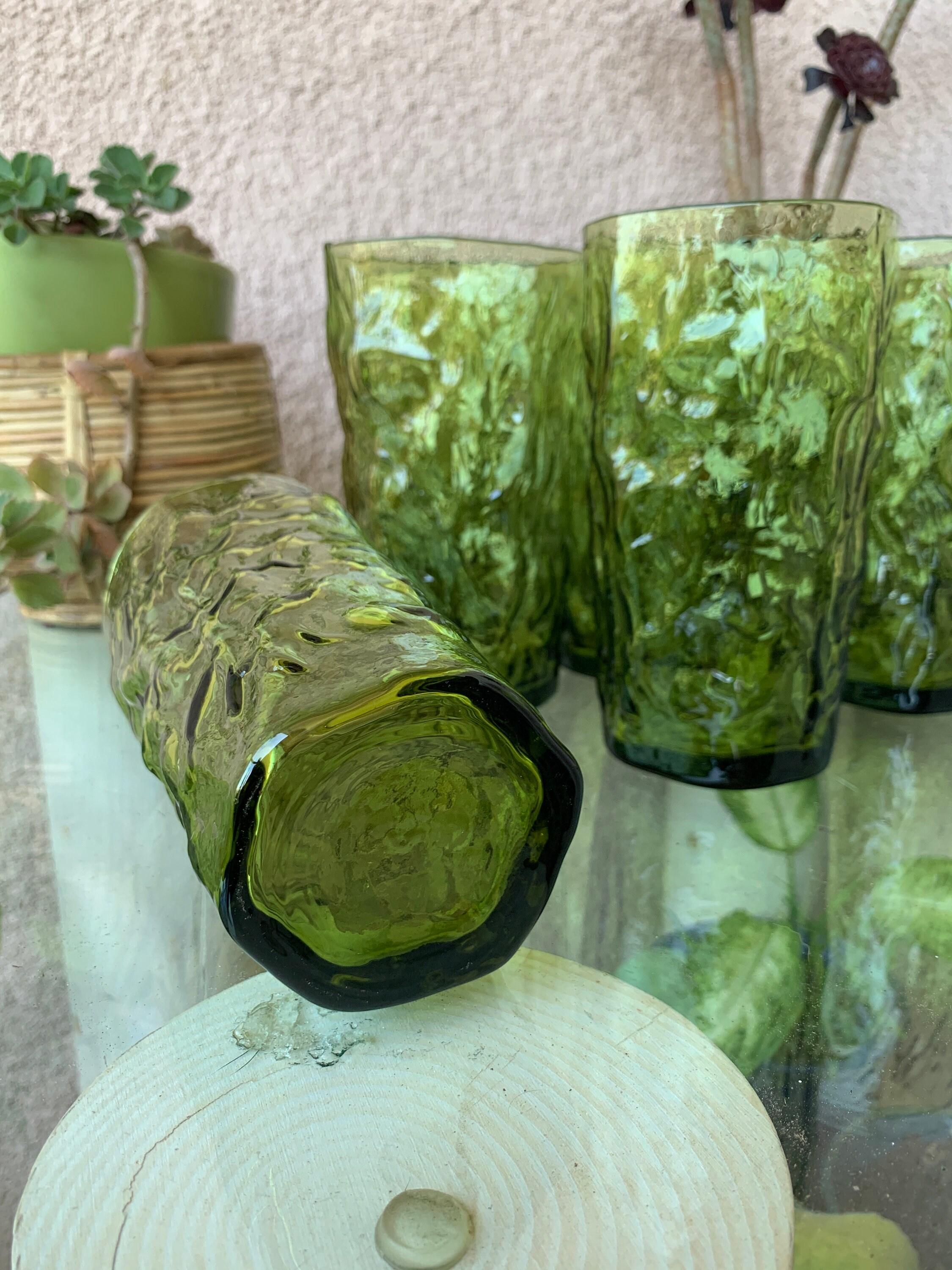 1970s Anchor Hocking Brutalist Crinkle Glass Green Tumbler Cocktail ...