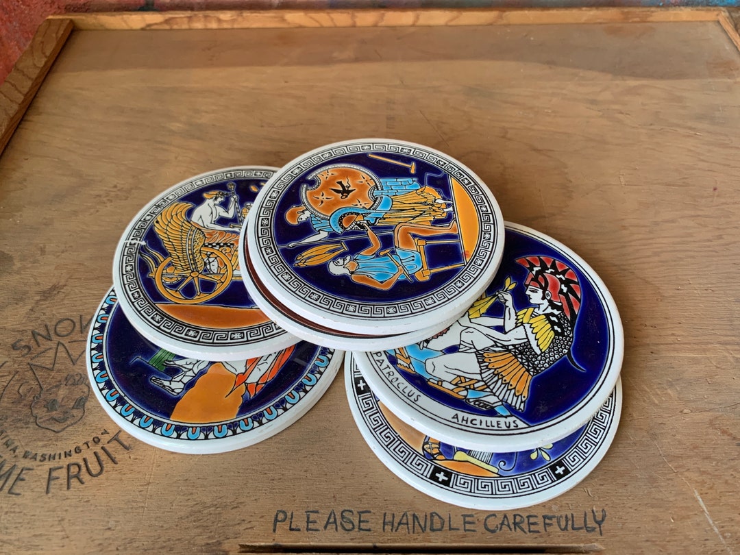 Vintage Coasters Set of 6, Handmade Greek Mythology Stone Tile Ceramic ...