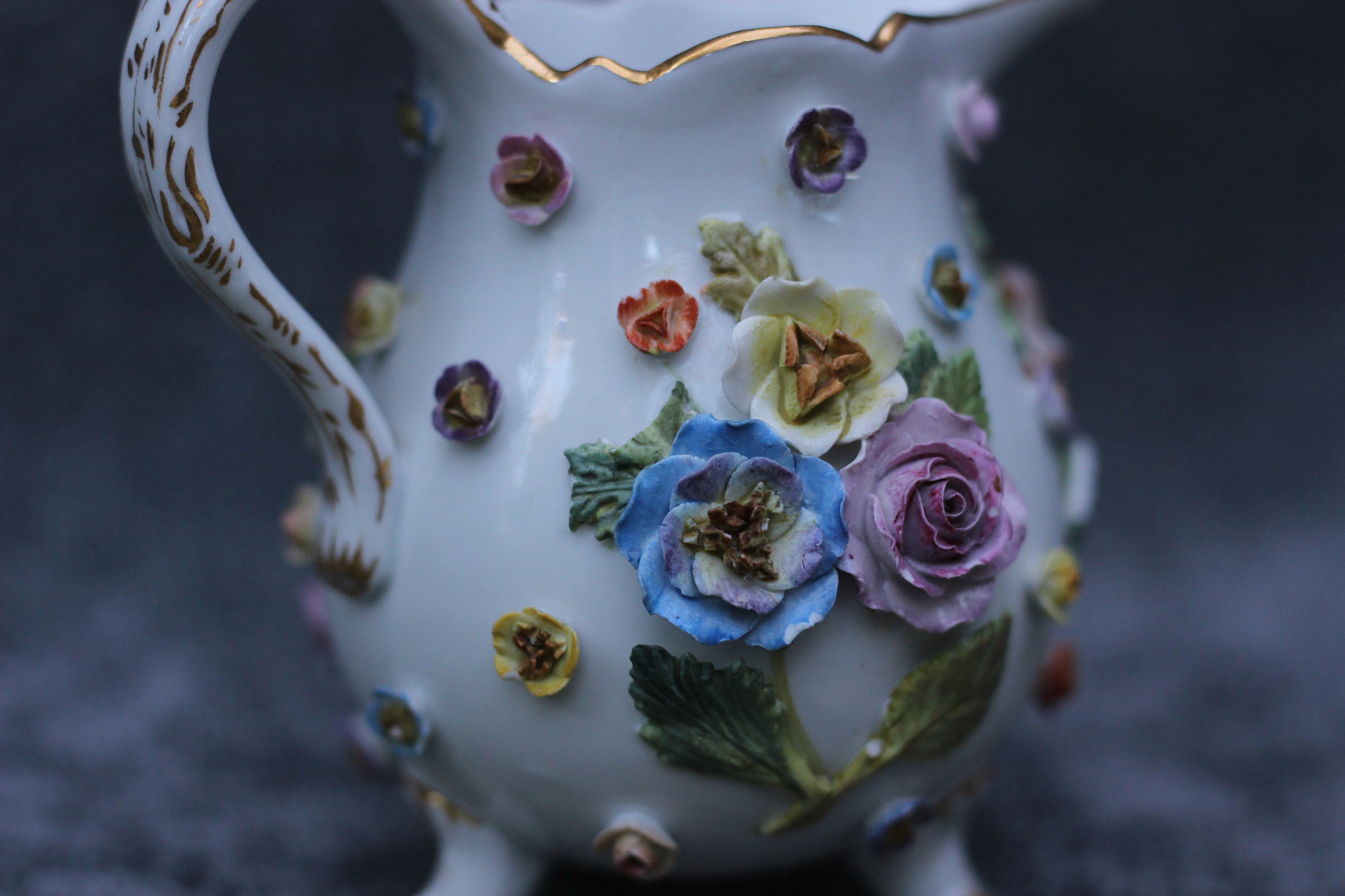 Meissen Antique Porcelain Miniature Footed Floral Creamer, Gold Gild ...