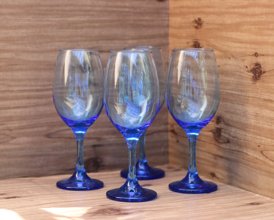 Vintage Bright Blue Transparent Wine Glasses, Stemware, Colored Blown ...