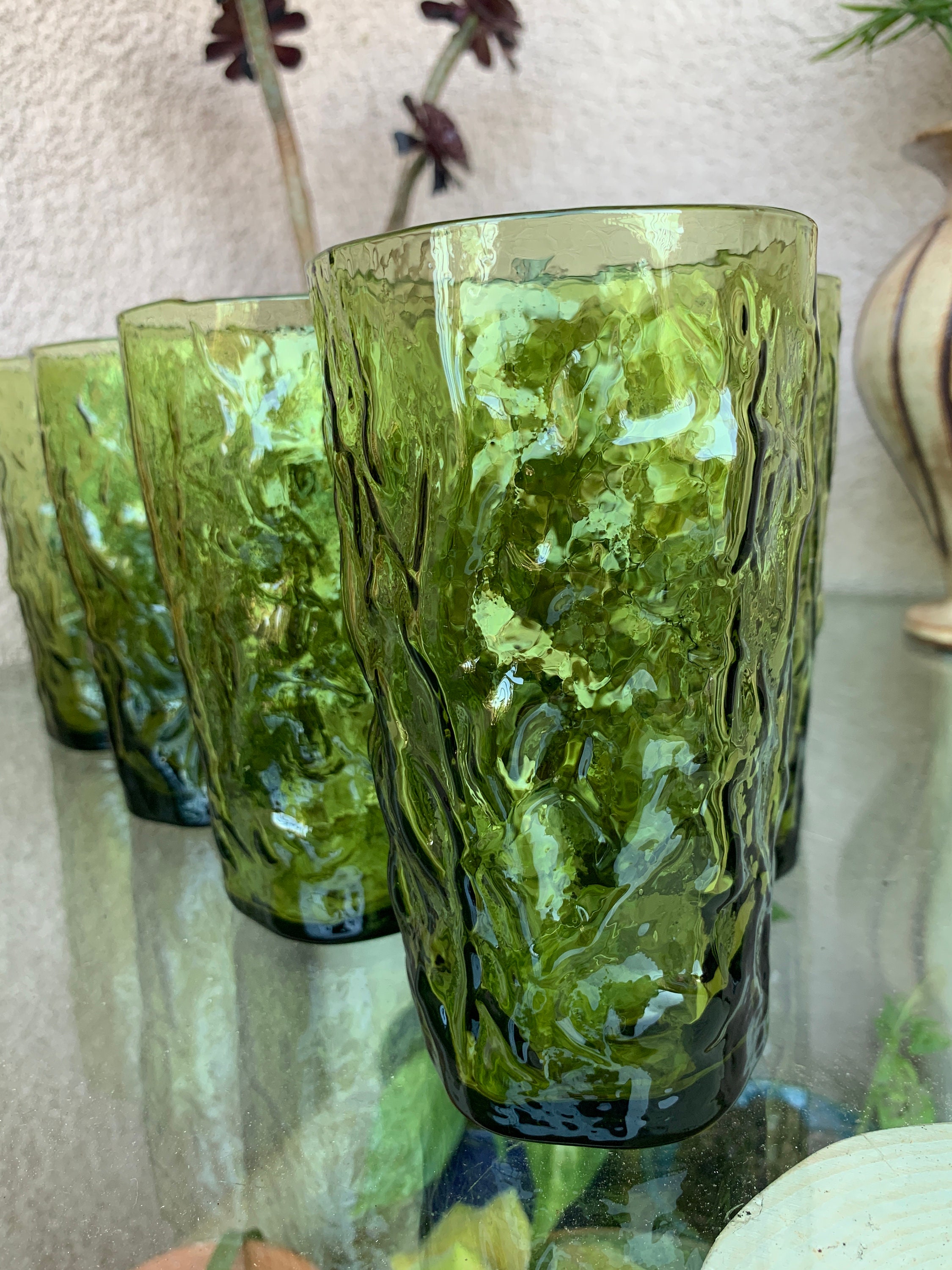 1970s Anchor Hocking Brutalist Crinkle Glass Green Tumbler Cocktail ...