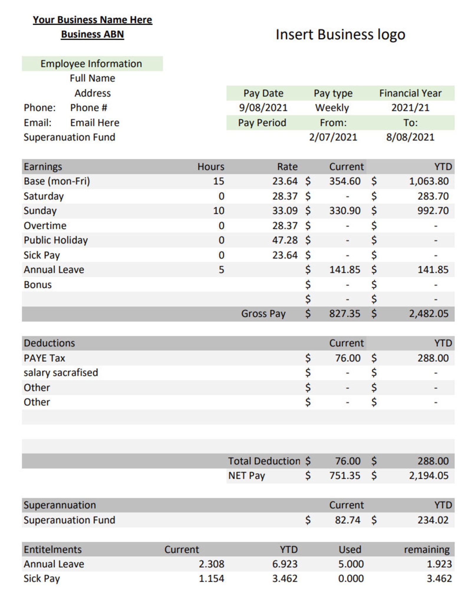 Fortnightly/bi-weekly Pay Slip With Auto YTD Leave and Tax - Etsy