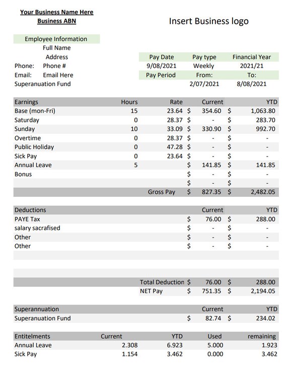 Fortnightly bi weekly Pay Slip With Auto YTD Leave And Tax Etsy Fortnightly bi weekly Pay Slip With Auto YTD Leave And Tax Etsy