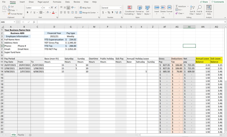 Fortnightly/bi-weekly Pay Slip With Auto YTD Leave and Tax - Etsy