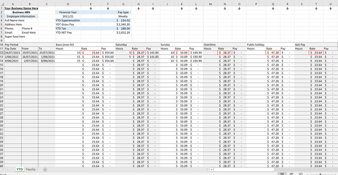 Fortnightly/bi-weekly Pay Slip With Auto YTD Leave and Tax - Etsy