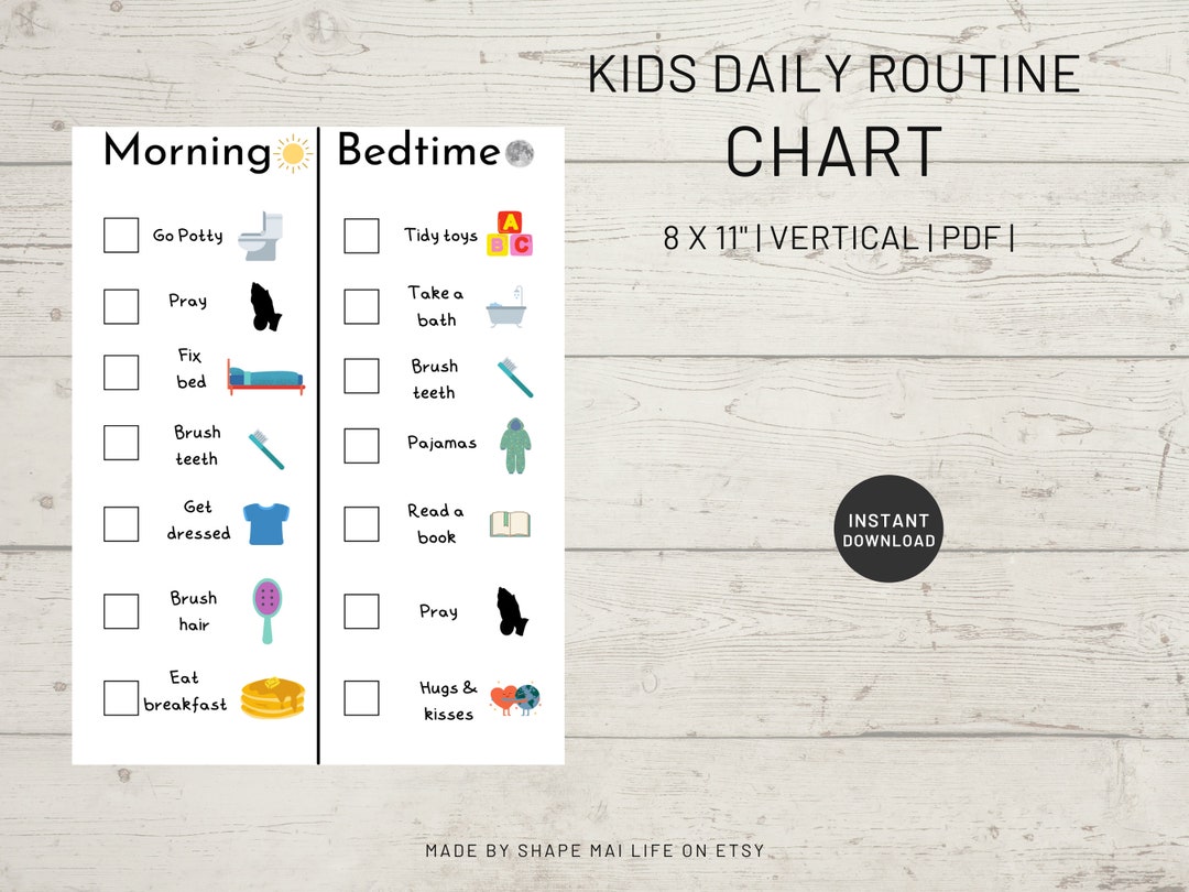 Printable Kids Daily Routine Chart, Daily Responsibility Chore Chart ...