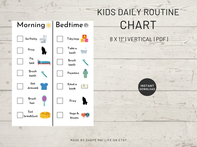 Printable Kids Daily Routine Chart, Daily Responsibility Chore Chart ...
