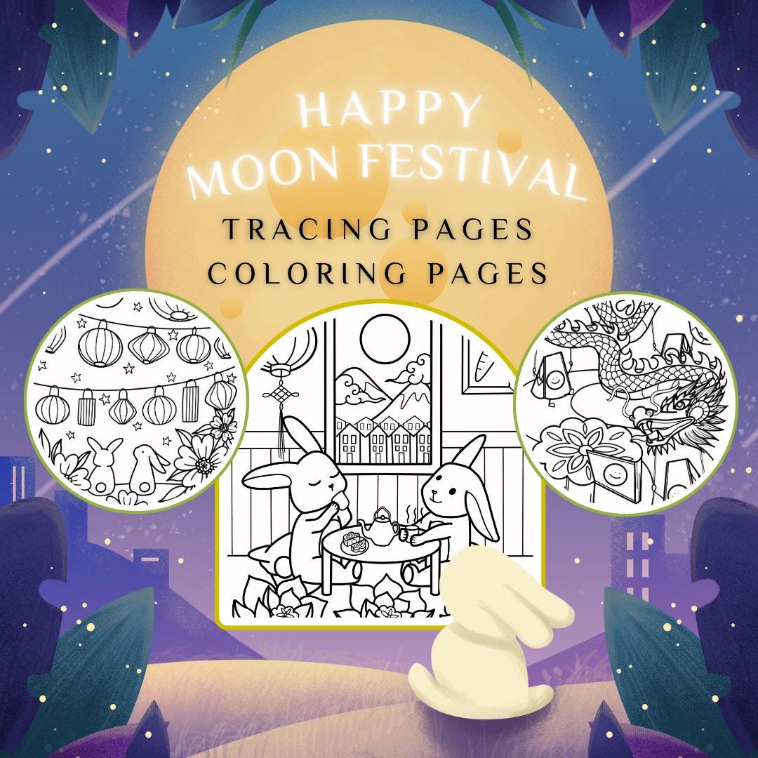 Moon Festival Tracing Coloring Pages Set of 3 Mid Autumn Rabbit Moon ...