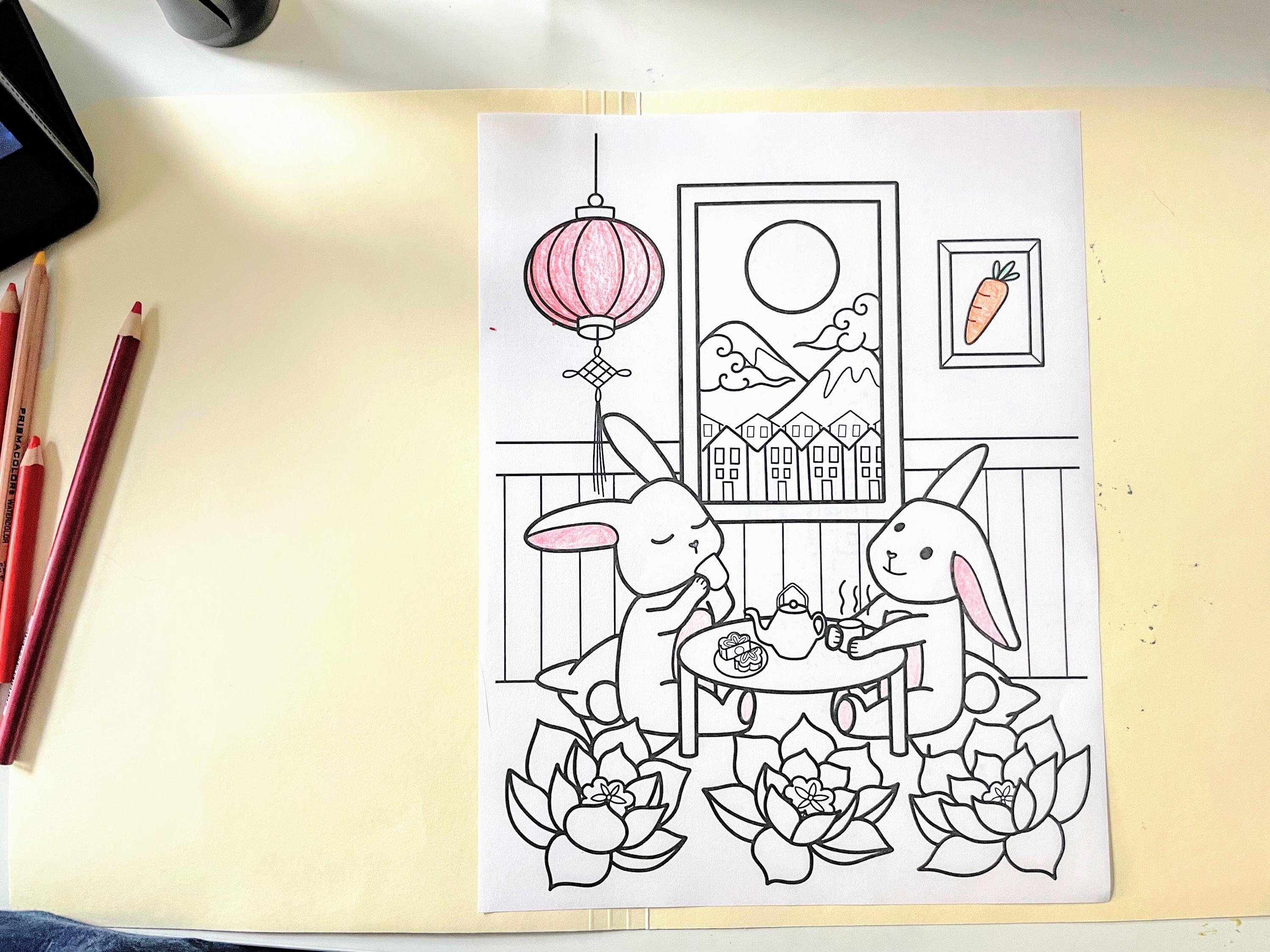 Moon Festival Tracing Coloring Pages Set of 3 Mid Autumn Rabbit Moon ...