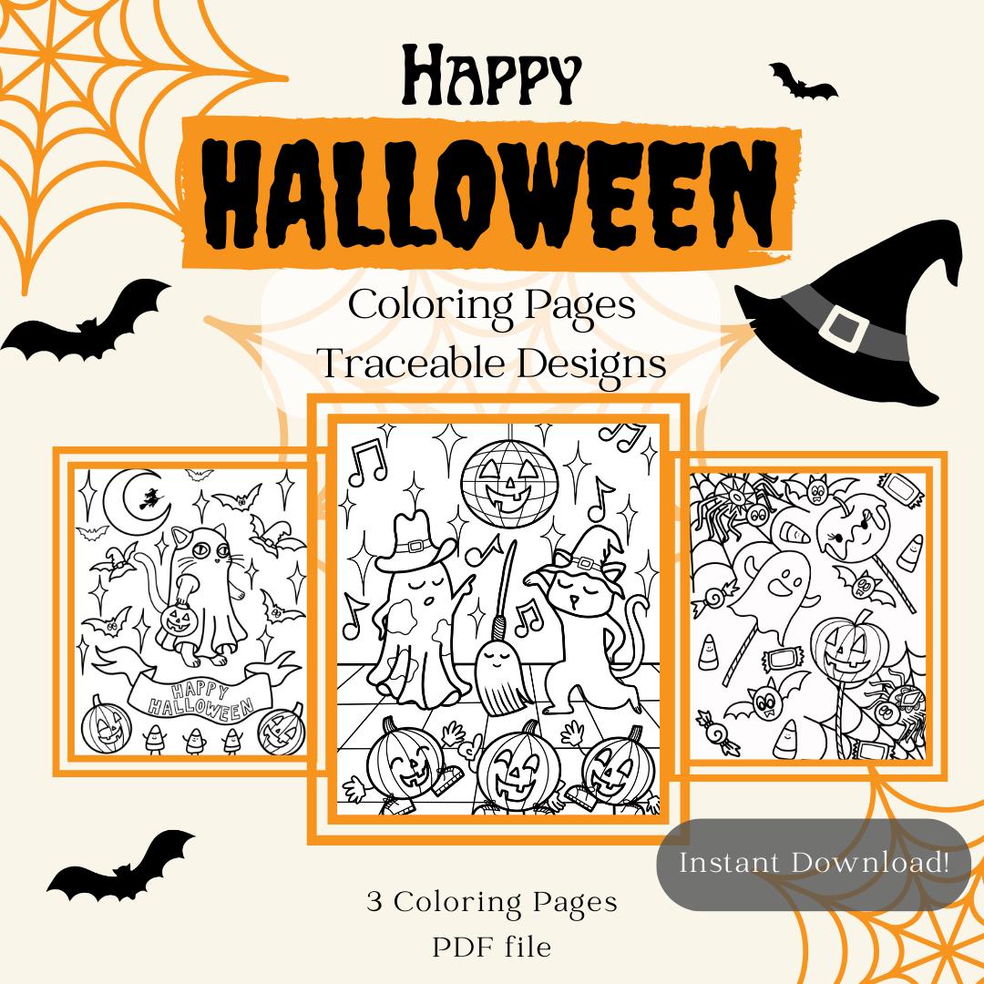Happy Halloween Tracing Coloring Pages With Borders Set of 3 Spooky ...