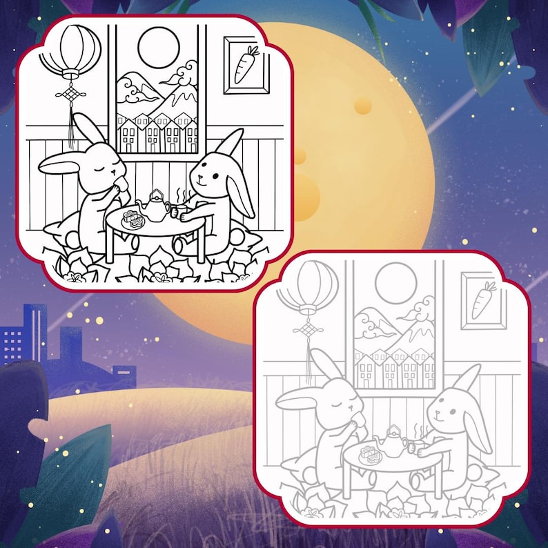 Moon Festival Coloring Pages: Rabbit, Mooncake, Dragon (printable ...