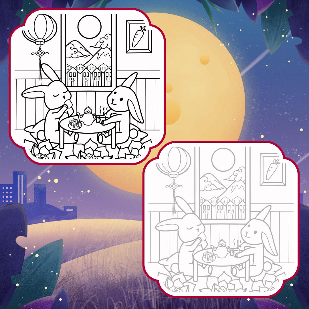 Moon Festival Coloring Pages: Rabbit, Mooncake, Dragon (printable ...