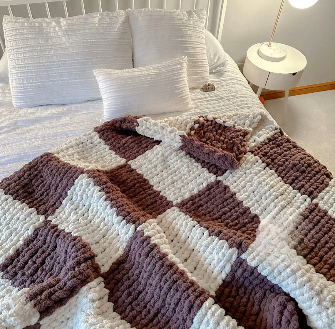 CHUNKY KNIT CHECKERED Blanket Soft Chenille Hand-knit Throw Chunky ...