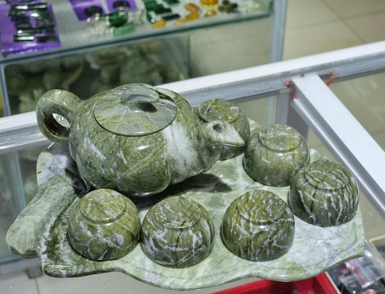 Vintage Onyx Teapot Set Handmade Tea Pot Cup Natural Green Onyx Tea Pot ...