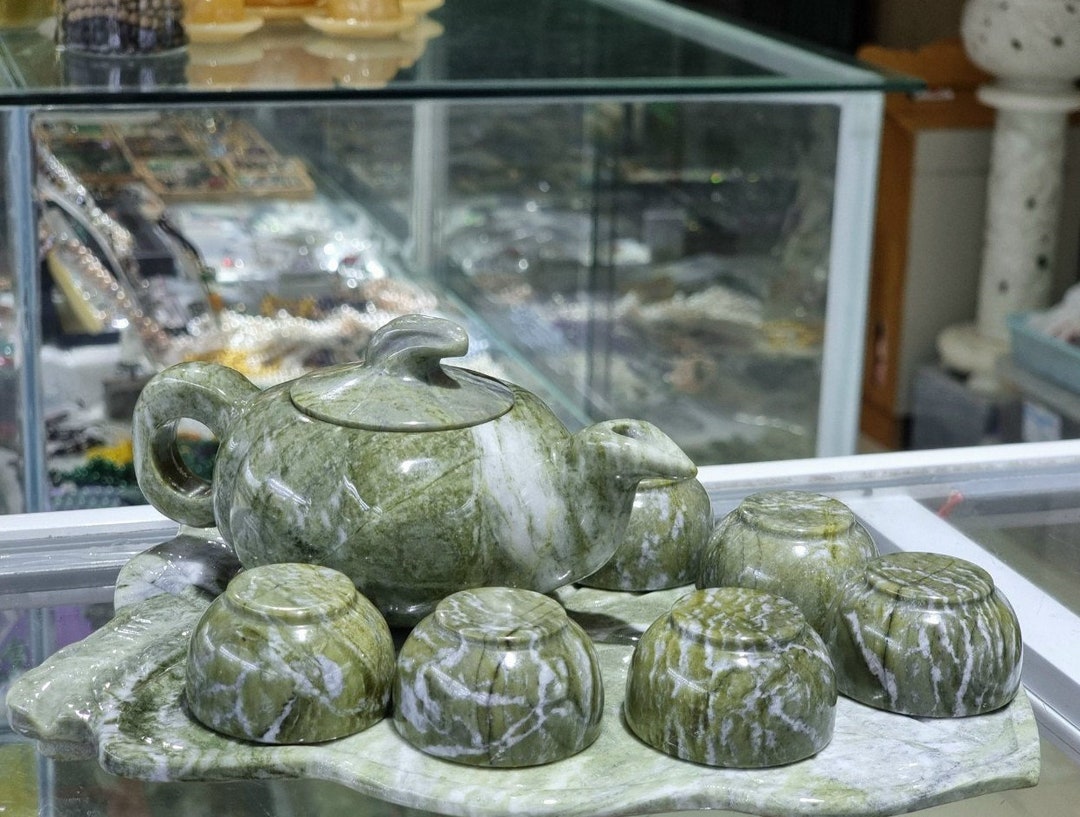 Vintage Onyx Teapot Set Handmade Tea Pot Cup Natural Green Onyx Tea Pot ...