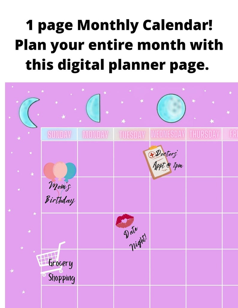 Pastel Moon Phase Monthly Calendar Digital Planner Page - Etsy