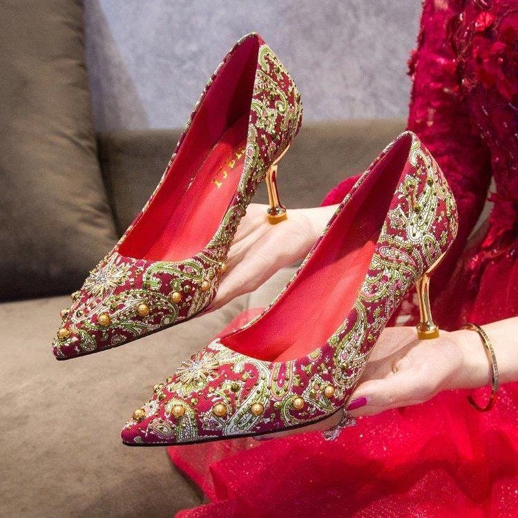 Gold And Red Closed Toe Heels