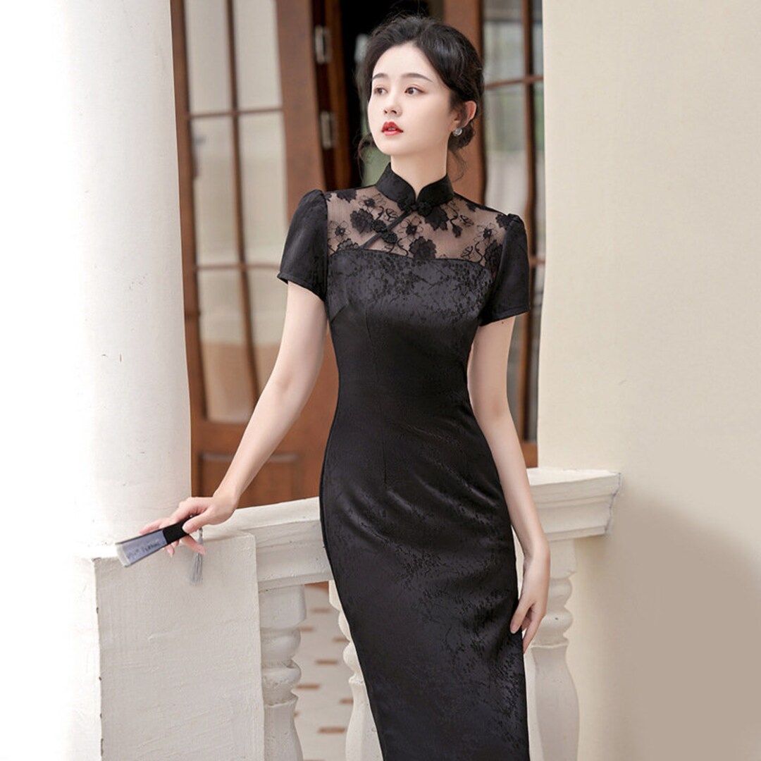 Modern Black Qipao Chinese Cheongsam Floral Lace Chinese - Etsy