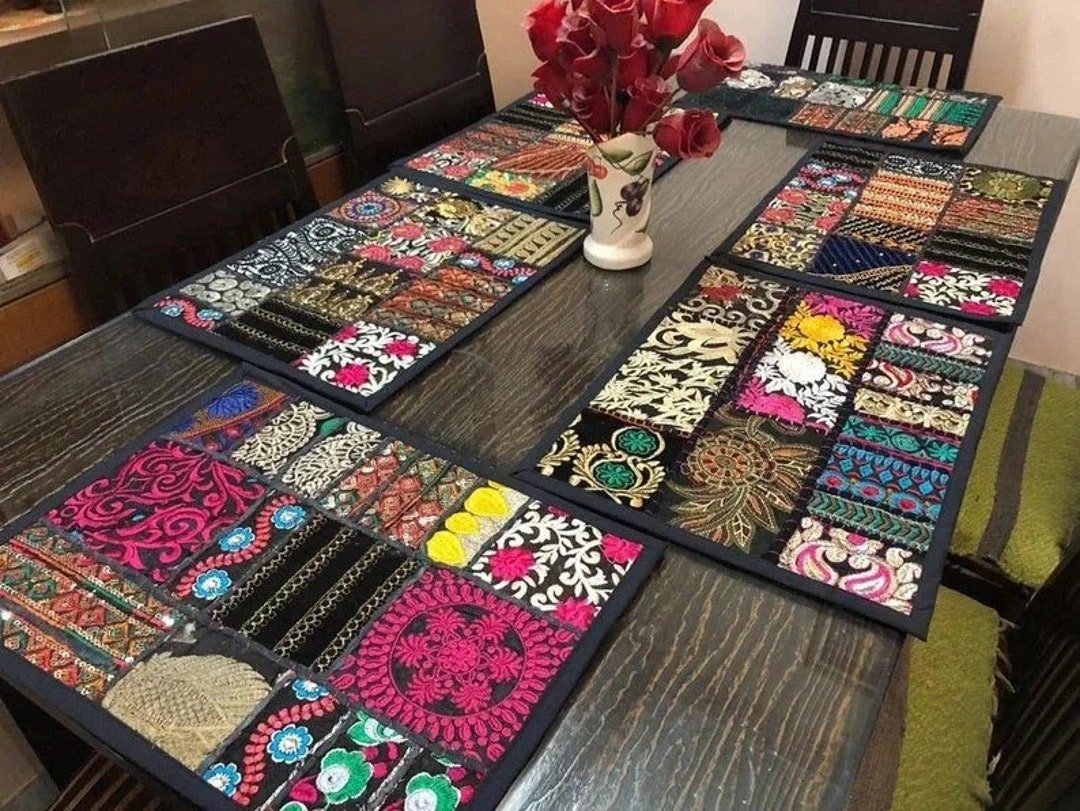 Hand Embroidered Patchwork Table Placemats With Runner, Indian Vintage ...