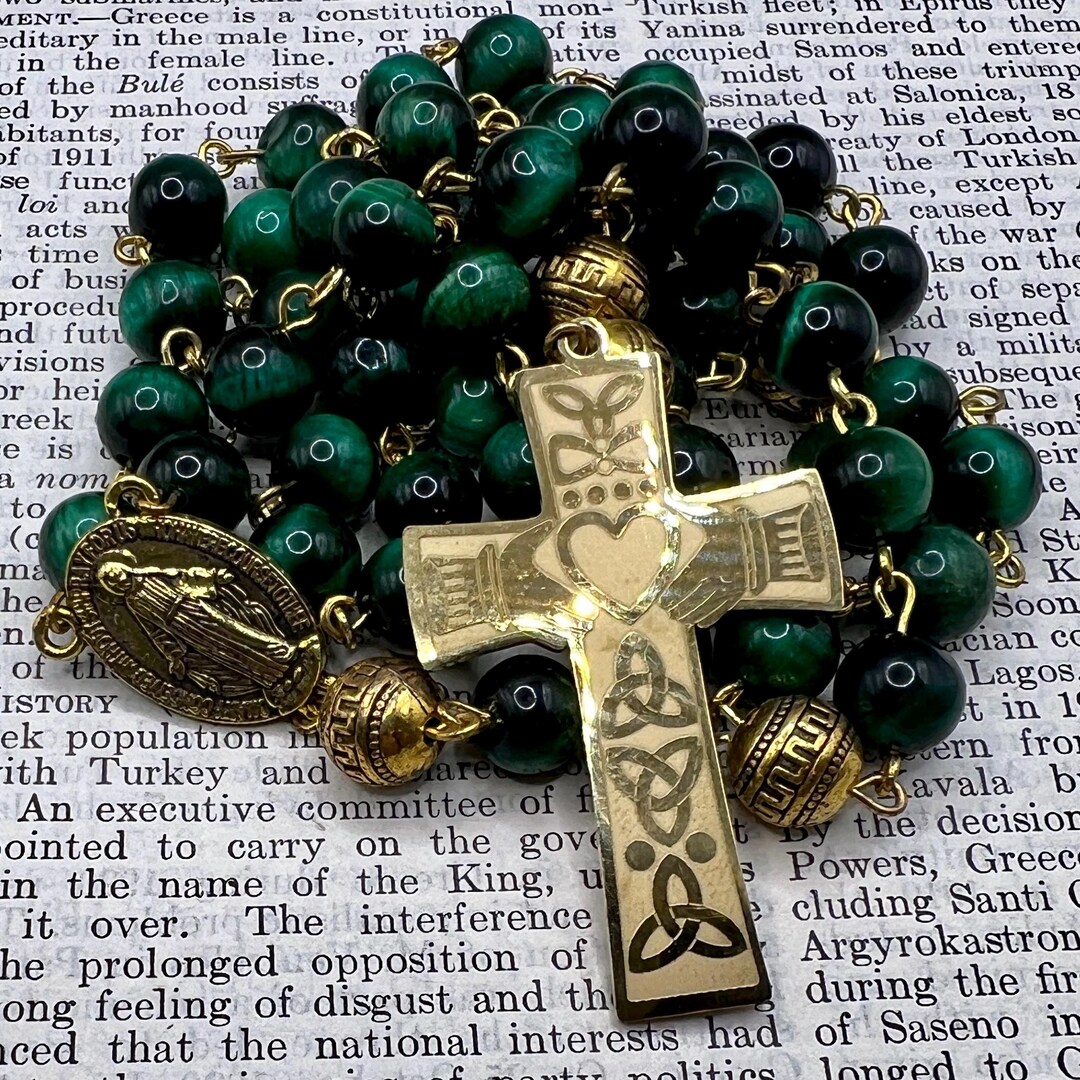 Handmade Green Tiger's Eye Rosary: Gold Claddagh Celtic Knot - Etsy