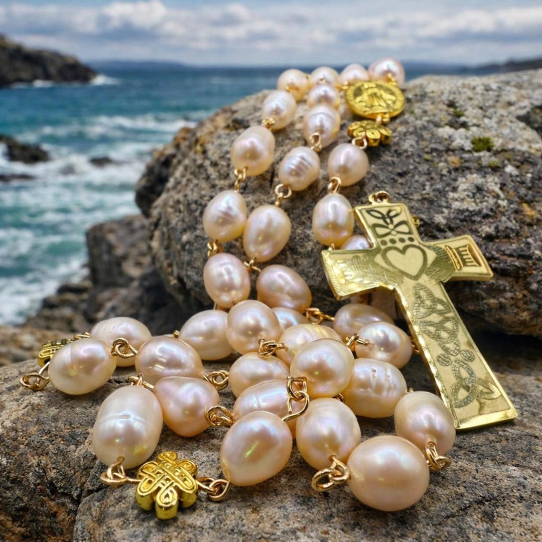 Freshwater Pearl Rosary With Claddagh Cross – Handmade in Scotland ...