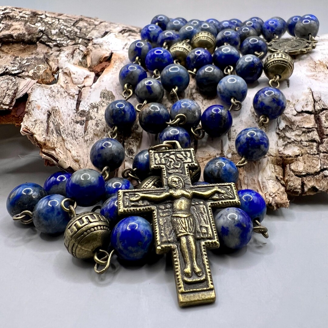 Lapis Lazuli Saint Francis Rosary: Handmade Antiqued Brass Franciscan ...