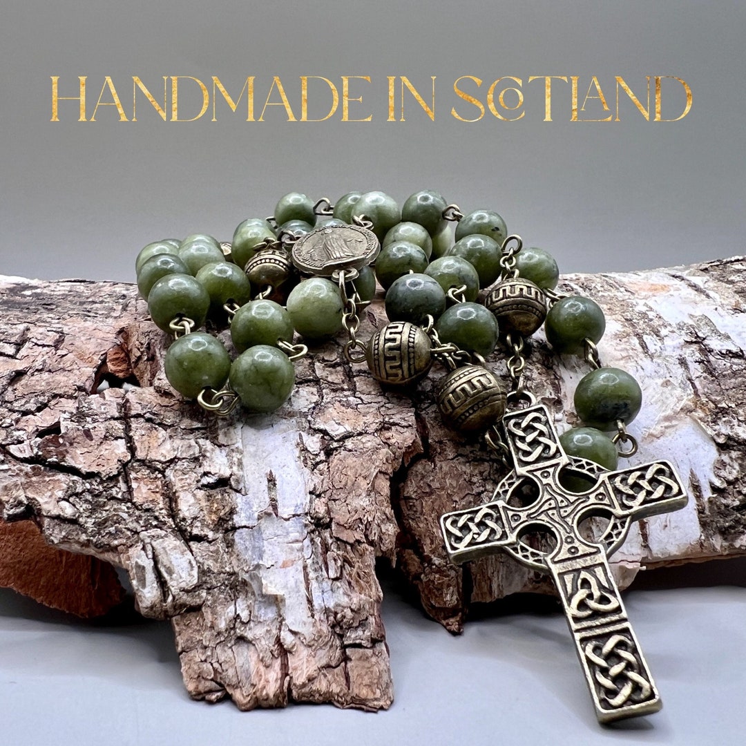 Handmade Catholic Rosary: Green Jade Beads, Celtic Cross, Scottish ...