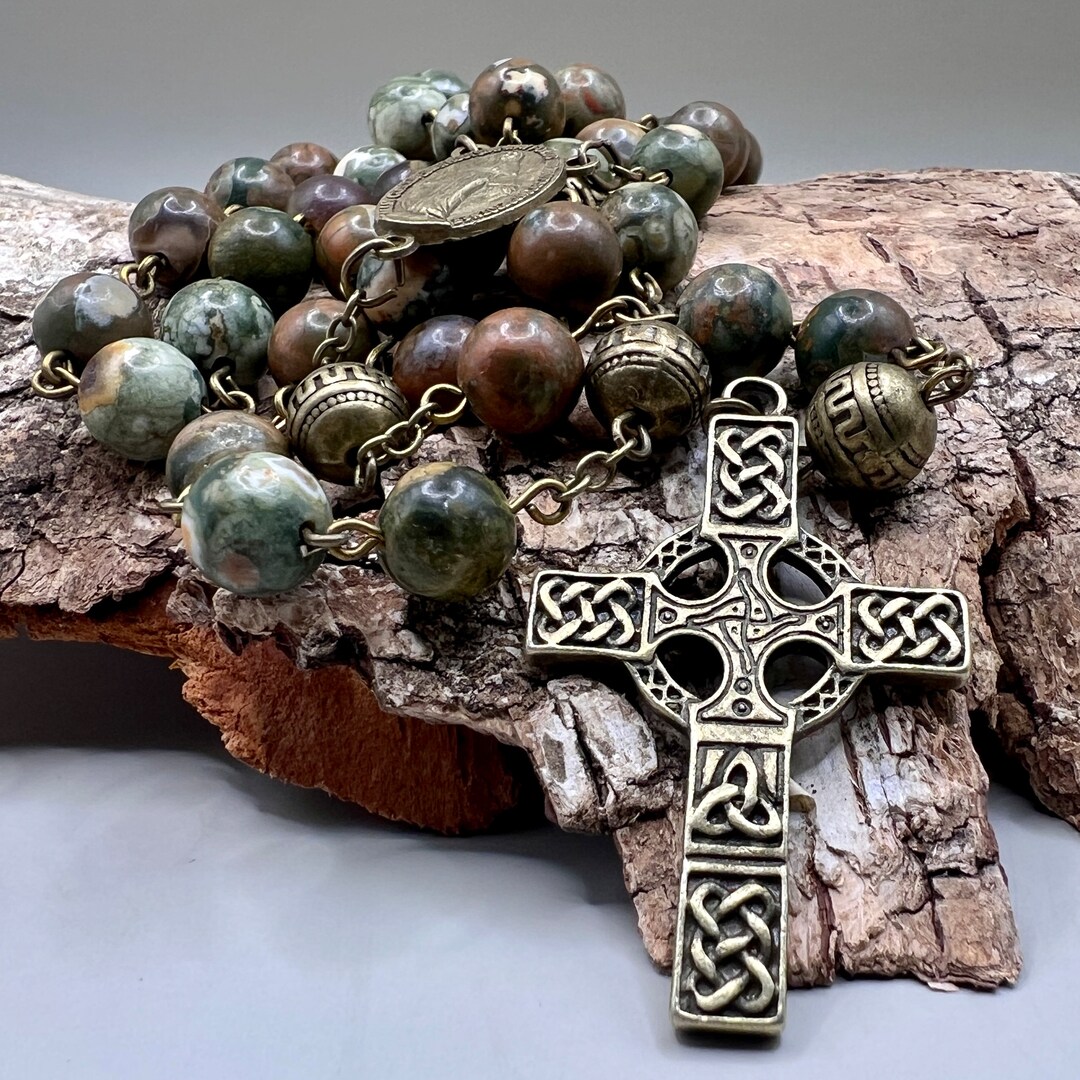 Handmade Scottish Rosary: Green Opal, Antiqued Brass Celtic Cross - Etsy