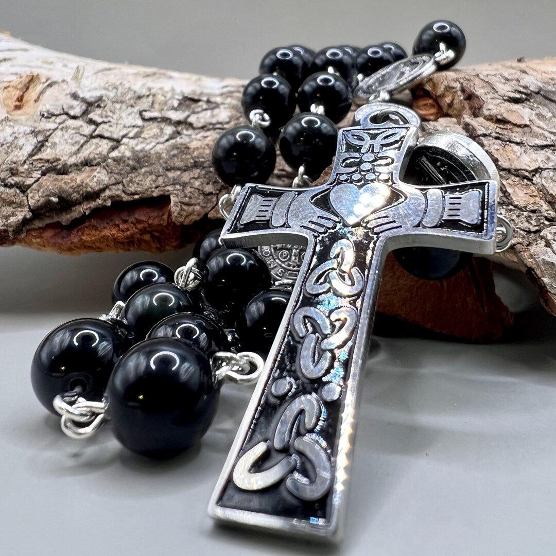 Handmade Scottish Rosary: Black Obsidian Beads, Claddagh Cross - Etsy