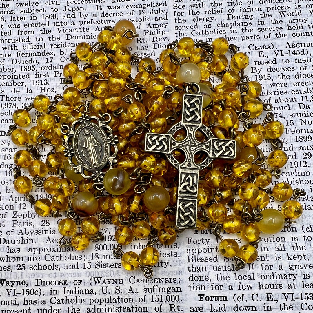 Handmade Scottish Rosary: Amber Beads, Citrine, Celtic Cross - Etsy