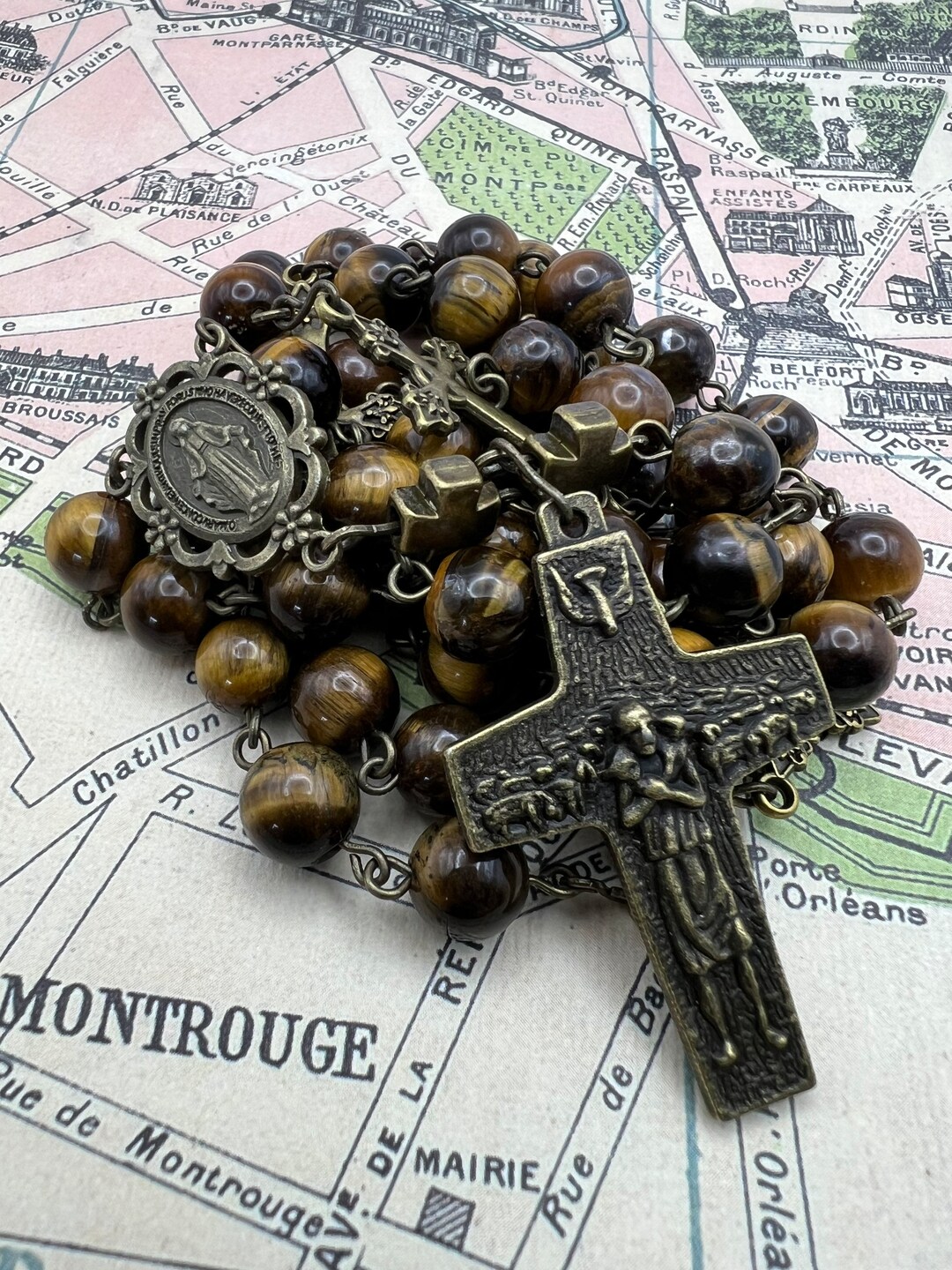 Handmade Tiger's Eye Catholic Rosary: Pope Francis Cross, Antiqued ...