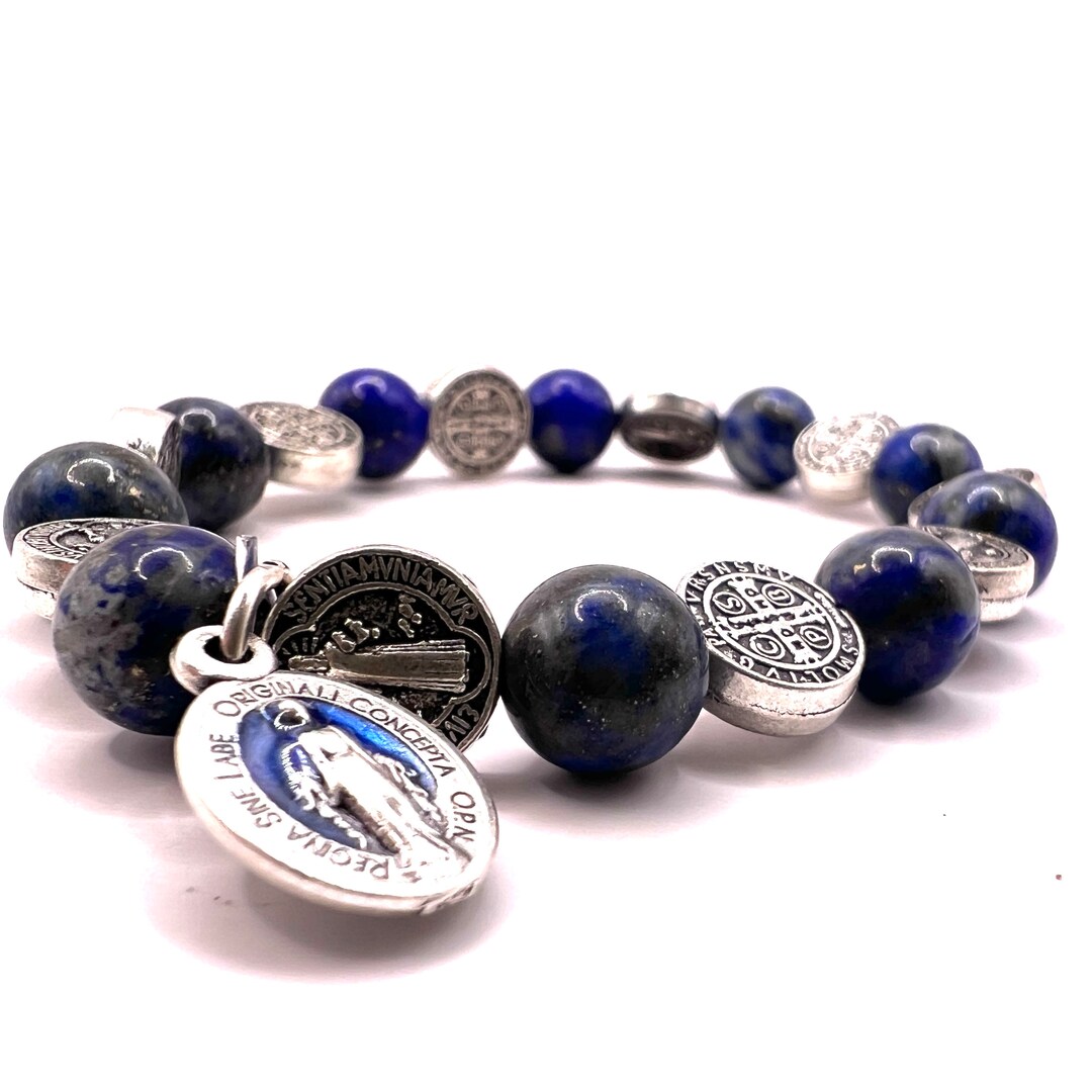 Handmade Lapis Lazuli Rosary Bracelet: Catholic Crucifix & Saint ...