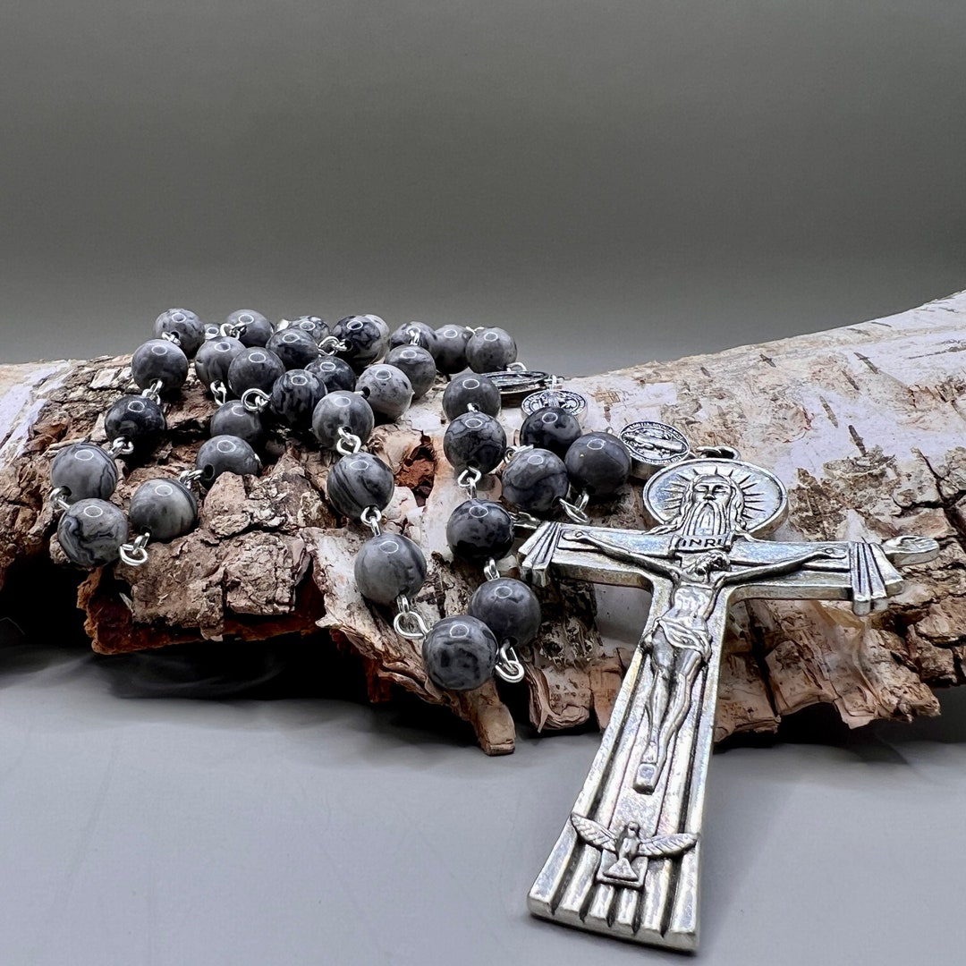 Handmade in Scotland Traditional Catholic Rosary Beads Grey Marble and ...