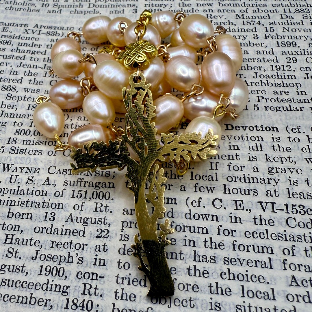 Anglican Pearl Rosary: Handmade Tree of Life Cross, Gold Knot Beads - Etsy