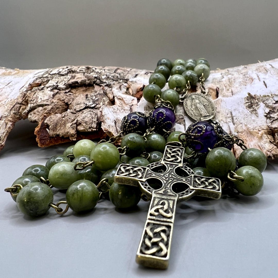 Handmade Scottish Jade & Amethyst Rosary: Celtic Cross, Miraculous ...