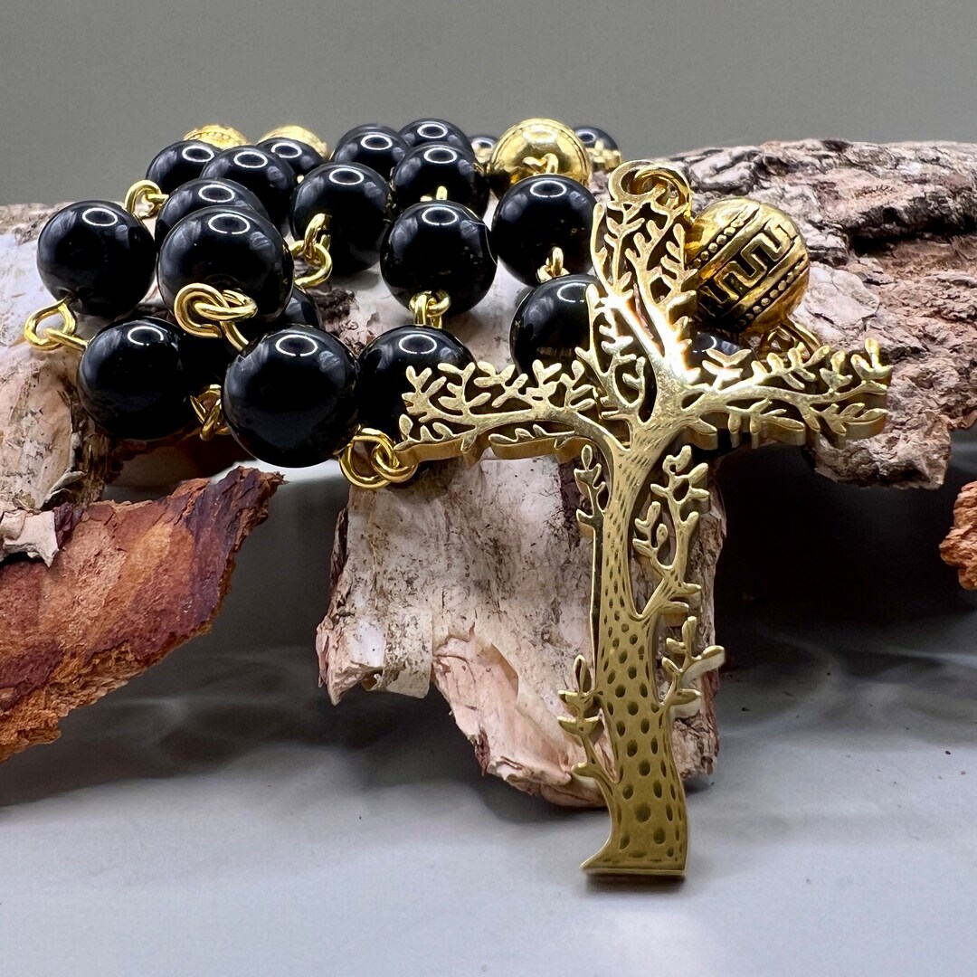 Handmade Azabache Rosary: Black Stone Beads, Tree of Life Cross - Etsy