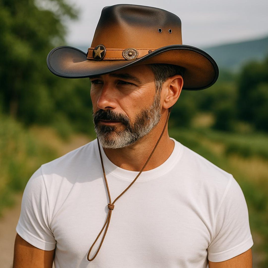 Men’s Real Leather Cowboy Hat Australian Western Style Outback Shade ...