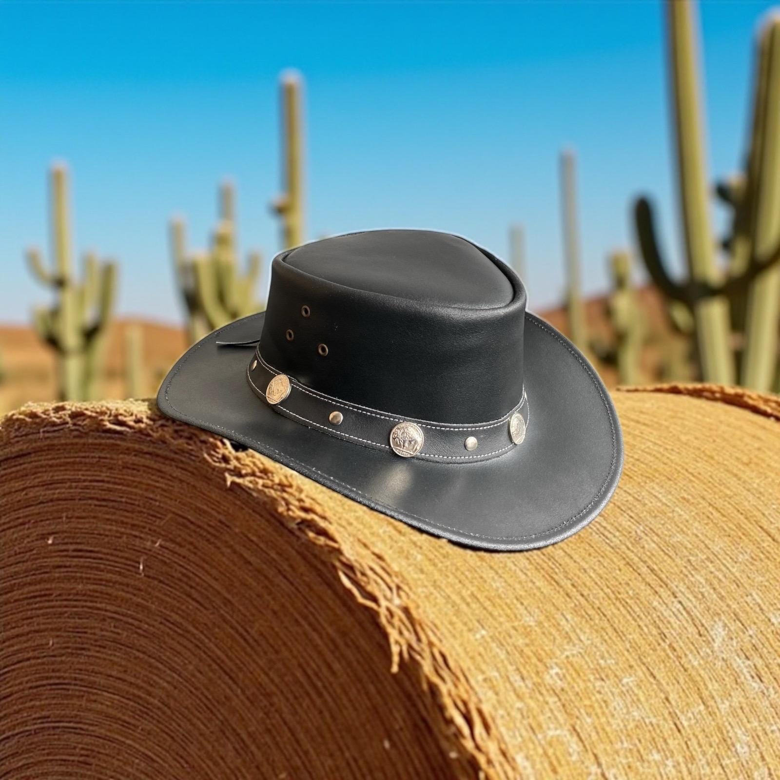 Men's Leather Black Conchos Cowboy Hat Australian Western Style Bush ...