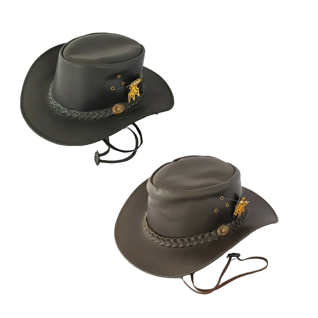 Australian Western Style Hat Cowboy Bush Hat Black Brown Real Leather ...