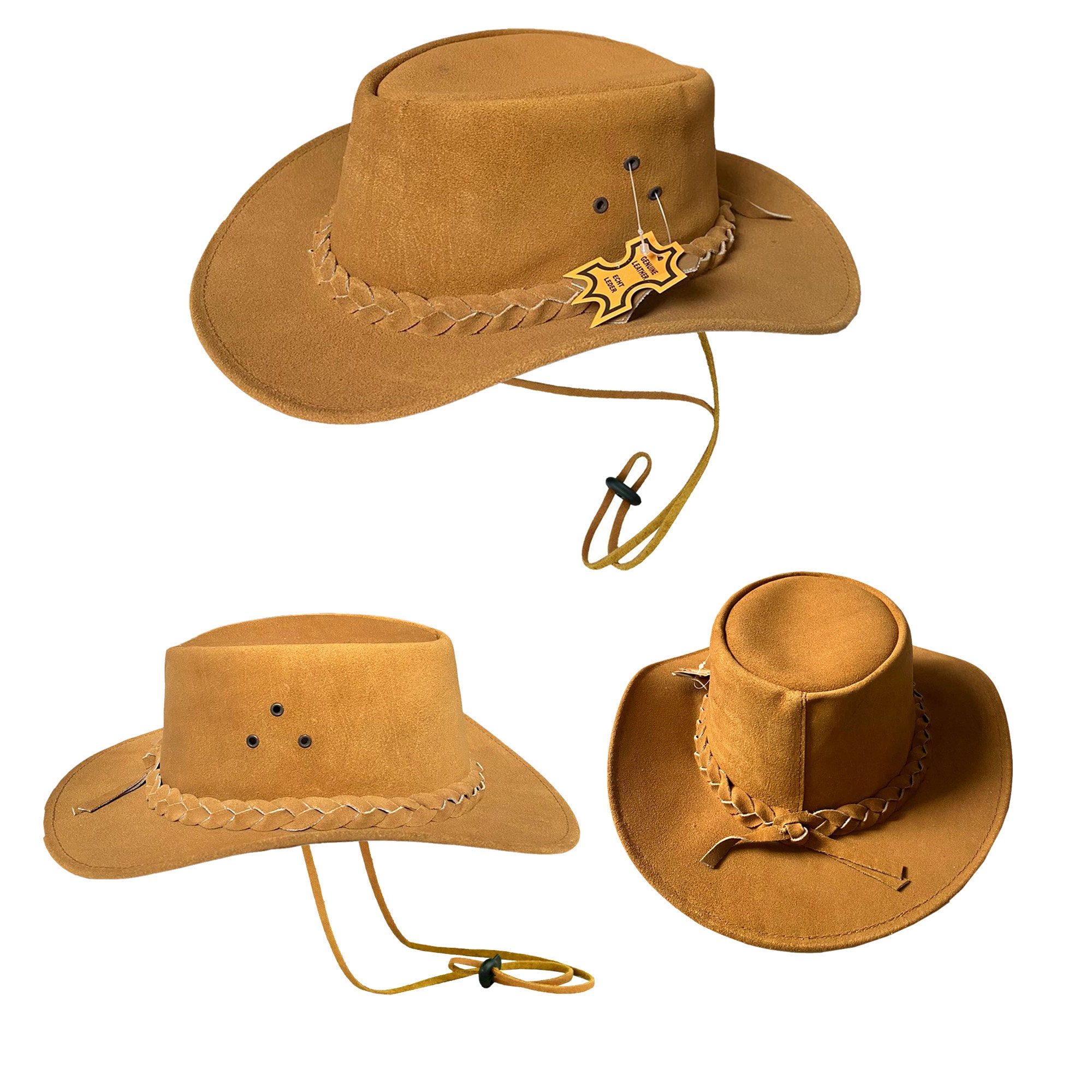 Tan Real Leather Western Australian Style Hat Leather Cowboy Outback ...