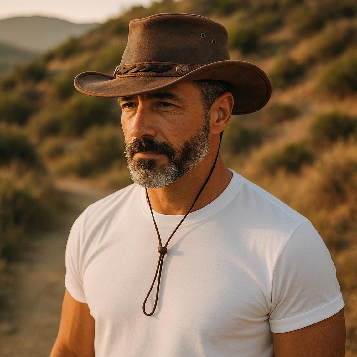Mens Real Leather Cowboy Hat Australian Western Style Crazy Horse Tan ...