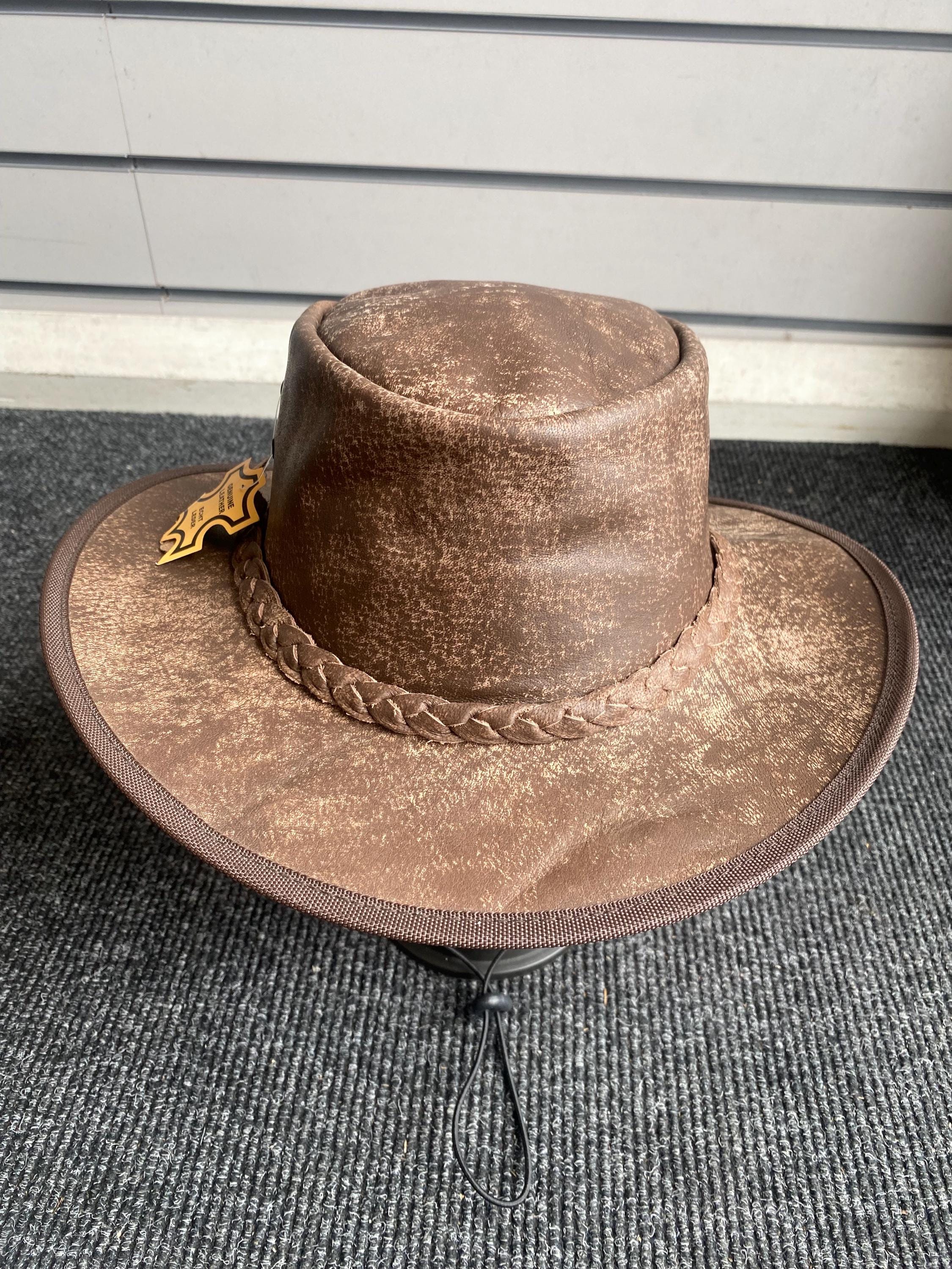 Mens Real Leather Australian Western Hat Ladies Cowboy Style Brown ...