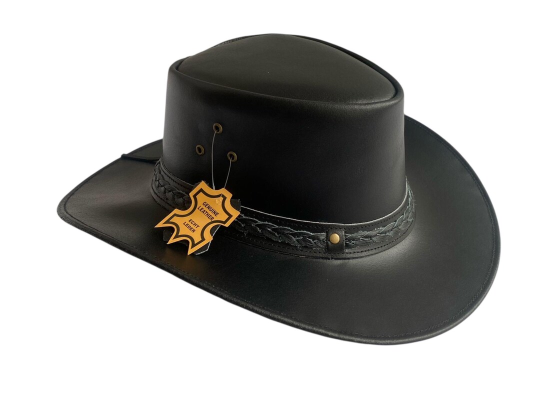 Real Leather Aussie Cowboy Hat Western Style Black Unisex Outback Hat ...