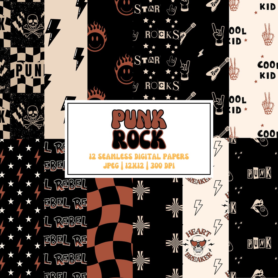 Punk Rock Fabric Print | Skeleton Seamless Pattern | Rockstar Wallpaper ...