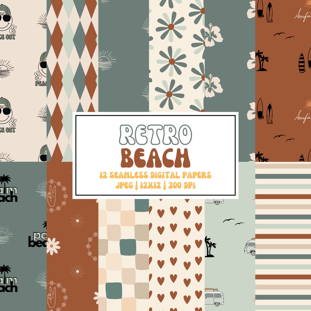 Retro Beach Seamless Pattern... Boho Retro Digital Paper... Surfs up ...